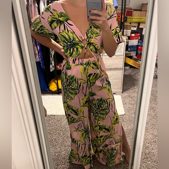 ASOS | Pants & Jumpsuits | Asos Pink Palm Jumpsuit Cute Cutout Open ...